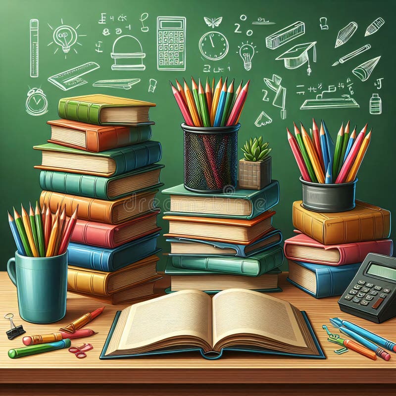 Vibrant Illustration of a Study Scene with Books, Pencils, and an Open ...