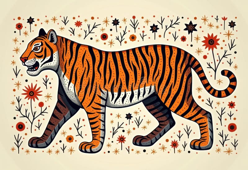 Vibrant Illustration of a Tiger Surrounded by Floral Patterns in an ...