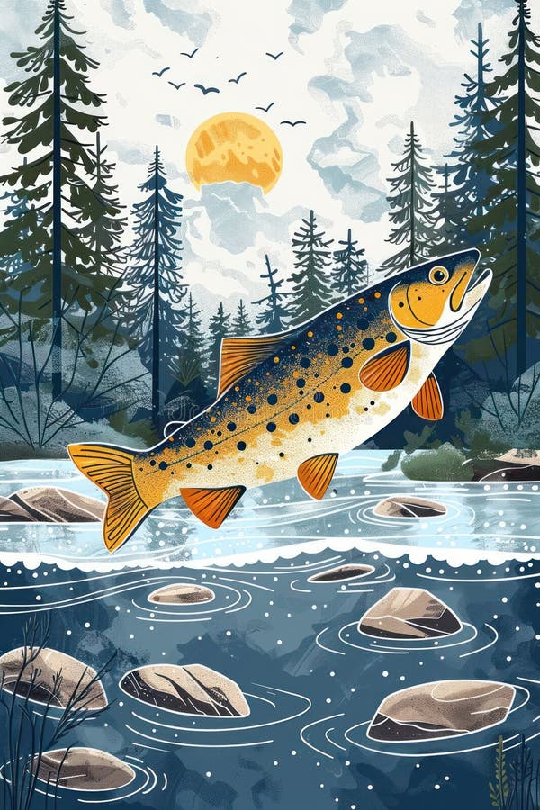 Leaping Trout in Mountain River Landscape, Under a Yellow Sun Stock ...