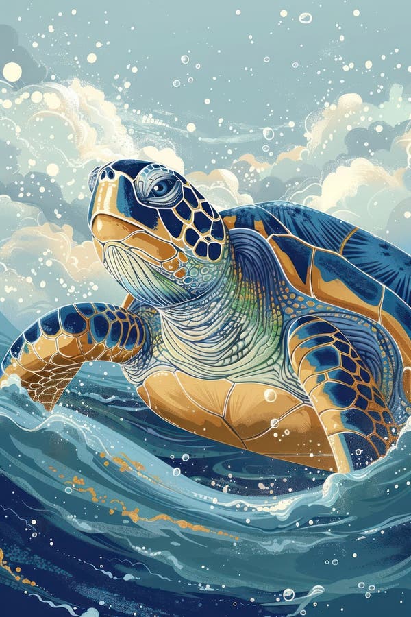 Majestic Sea Turtle Swimming in Ocean Waves, Detailed Illustration ...