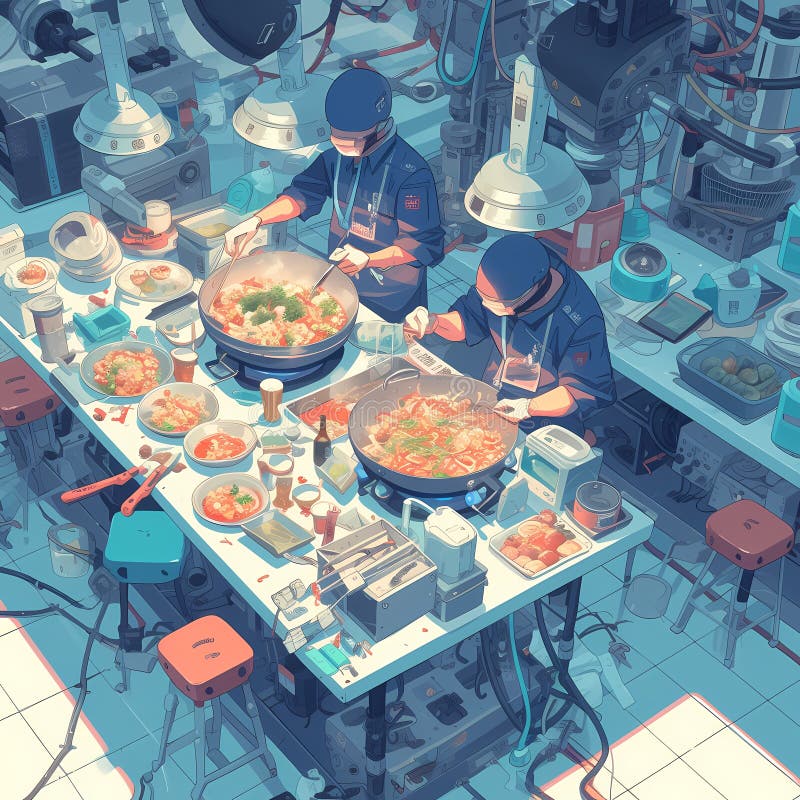 Bustling Kitchen Workflow: Chefs Preparing Meals Stock Illustration ...