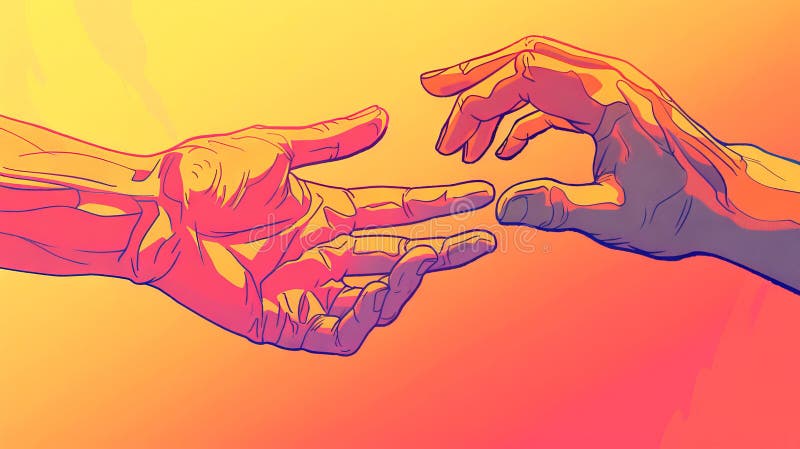Vibrant Illustration of Two Reaching Hands in Warm Tones. Concept of ...