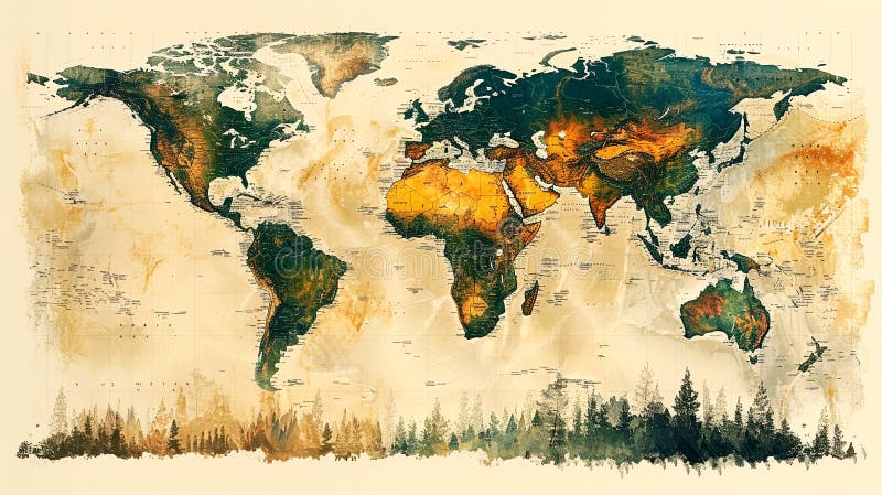 Artistic World Map Illustration Showcasing Diverse Geography and ...