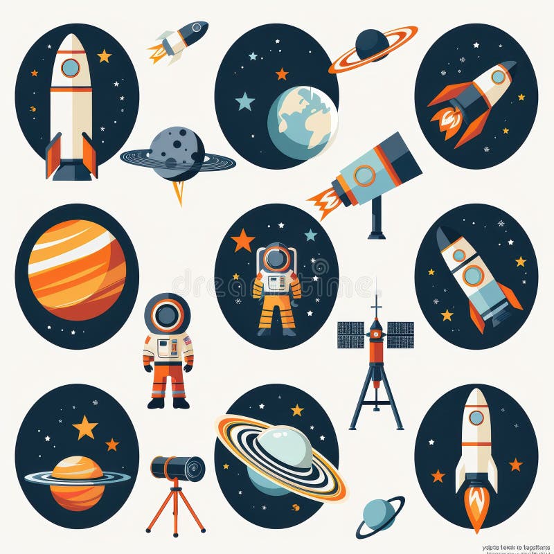 Colorful Space Exploration Illustrations with Rockets and Planets Stock ...