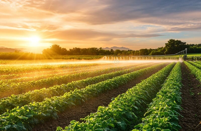 Agricultural Fields Under a Golden Sunset with Irrigation System in ...