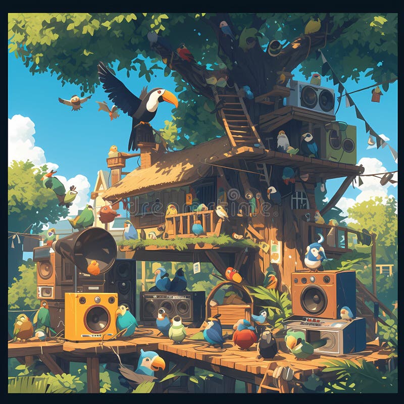 Colorful Bird Sanctuary - a Magical Haven for Feathered Friends Stock Illustration ...