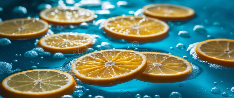 Sliced Lemons Floating in Sparkling Blue Water. a Refreshing and ...