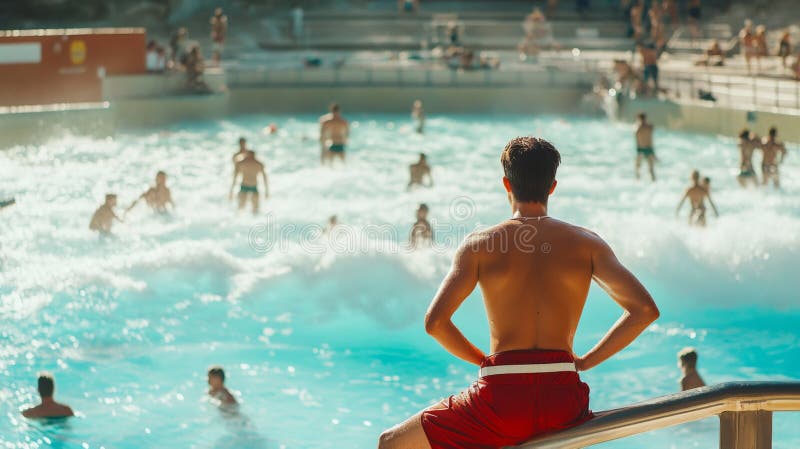 A Lifeguard Watches Over a Bustling Wave Pool. the Thrill of Summer ...