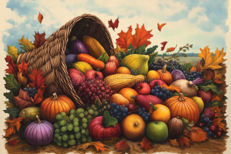 Bountiful Harvest with Cornucopia Stock Illustration - Illustration of ...