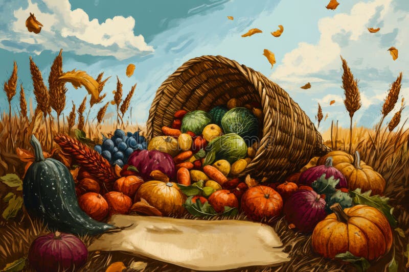 Bountiful Harvest with Cornucopia Stock Illustration - Illustration of ...
