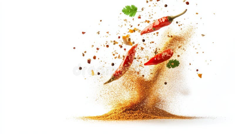 Spicy Chili Explosion with Mixed Herbs and Pepper on White Background ...