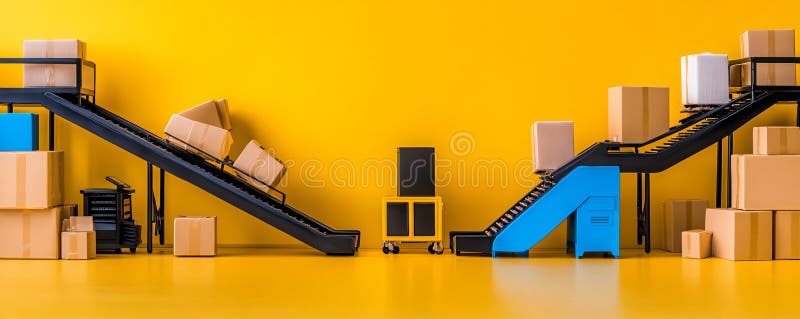 Efficient Logistics Cardboard Boxes on Conveyor Belts Warehouse Stock ...