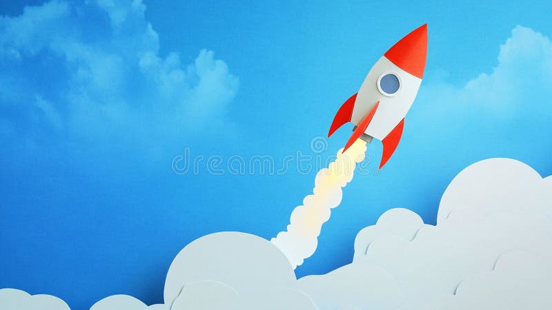 Paper Rocket Launching Towards a Bright Blue Sky with Fluffy Clouds ...