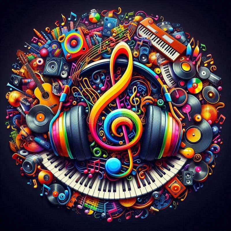 Colorful Music Mania: Headphones, Notes, and Instruments Art Stock ...