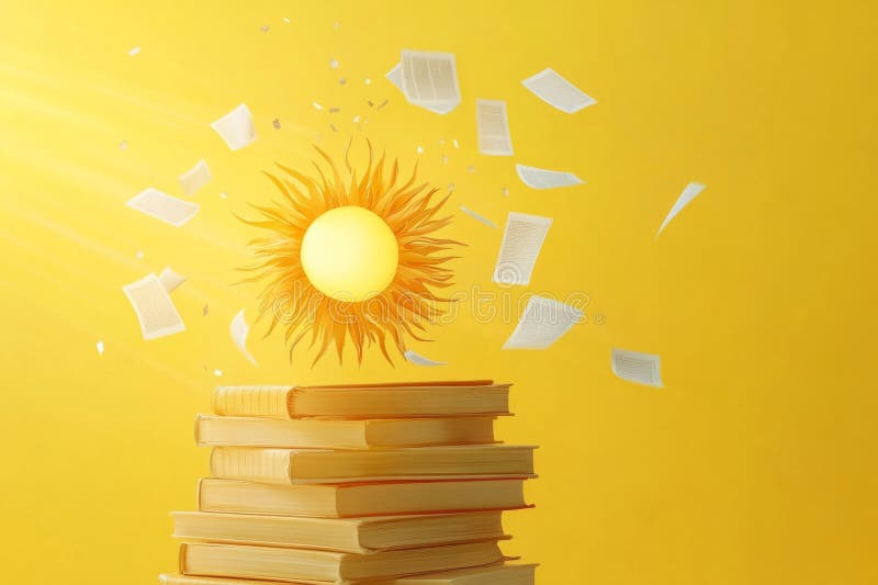 A Bright Sun Rises Above a Stack of Yellow Books. Pages Float in the ...