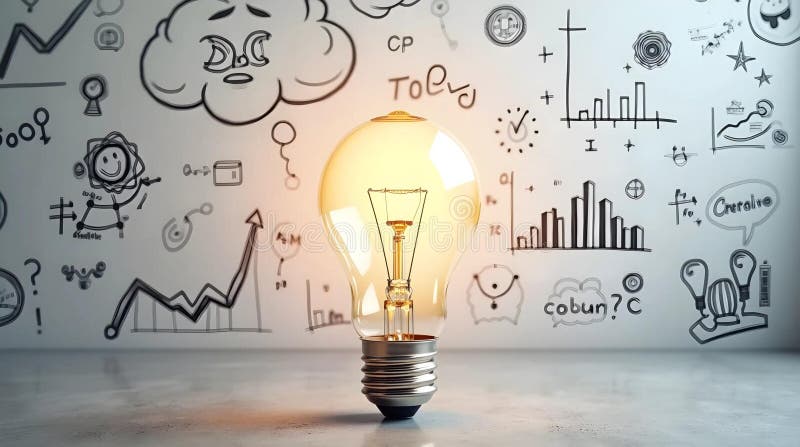 Creative Innovation Concept — Glowing Light Bulb with Hand-Drawn ...