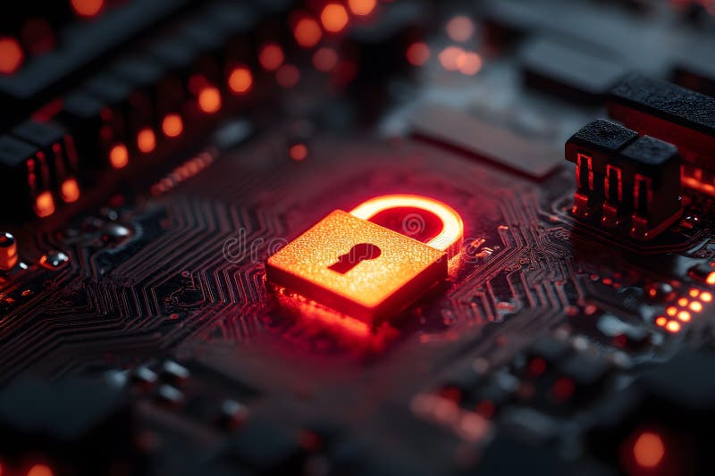 Cybersecurity Concept with Glowing Lock: Digital Protection and Data Security Design Generative ...