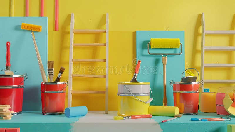 A Vibrant Image Featuring Paint Rollers, Brushes, Paint Buckets, and ...