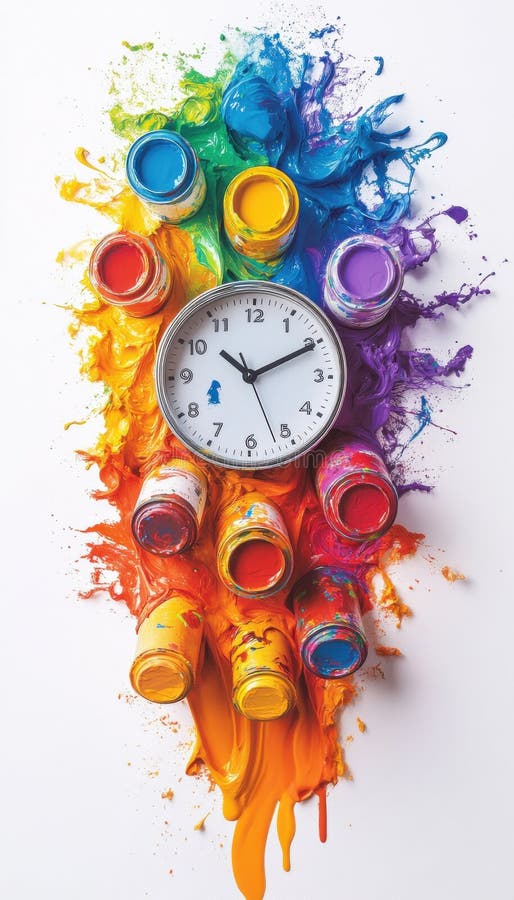 Colorful Clocks Surrounded by Paint Cans and Vibrant Splashes Stock ...