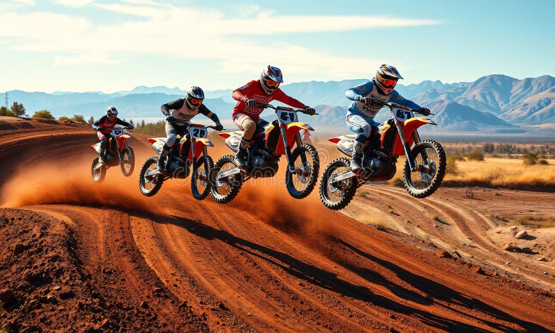 A Vibrant Image of Multiple Motocross Riders in the Air, Competing Side ...