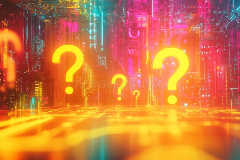 A Colorful Digital Landscape Features Glowing Question Marks. the Image ...