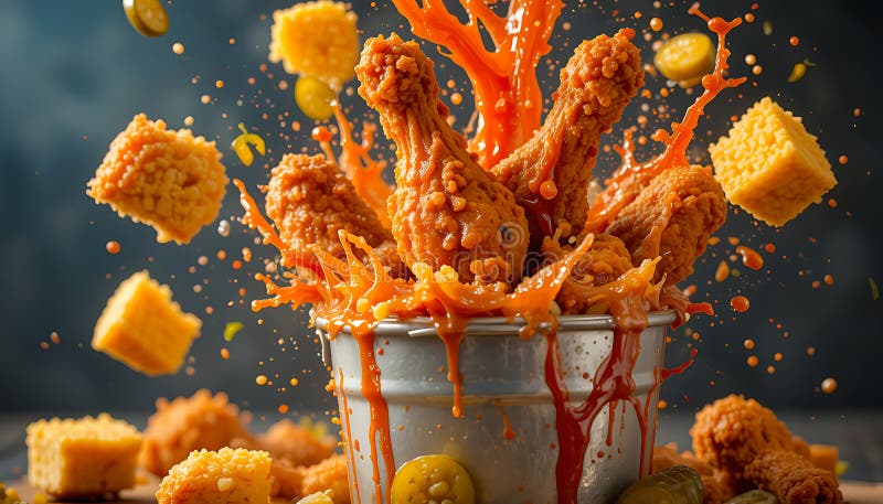 Spicy Chicken Bucket Splash Stock Photo - Image of dessert, flavorful ...