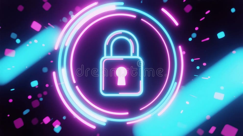 Illuminated Cyber Security Lock with Glowing Neon Lights and Digital ...