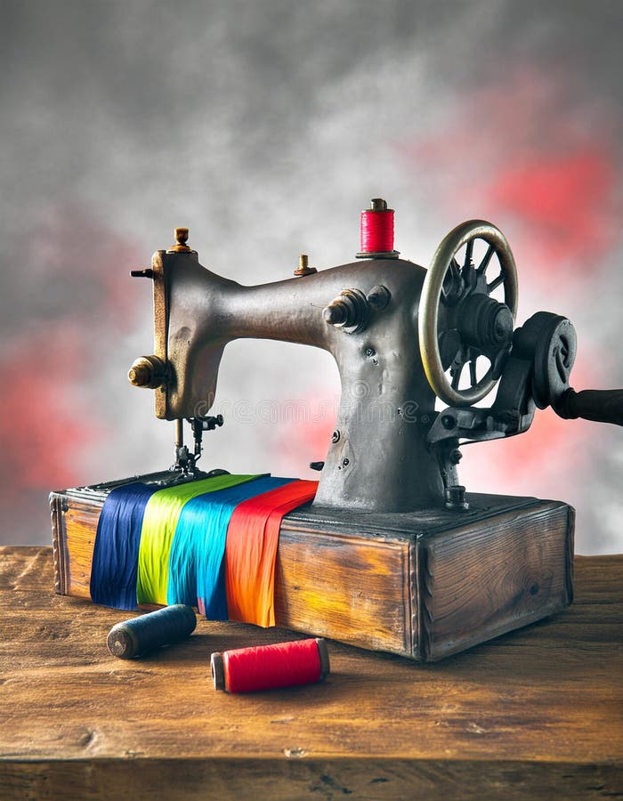 Colorful Vintage Sewing Machine and Fabric Stock Illustration ...
