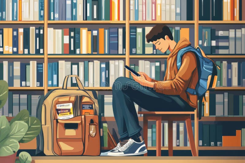 A Young Student Sits Quietly in a Library. he is Focused on His Phone. the Rich Shelves Around ...