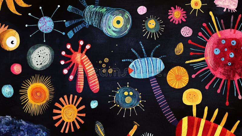 Colorful Abstract Microorganisms on Black Background Art Design Stock ...