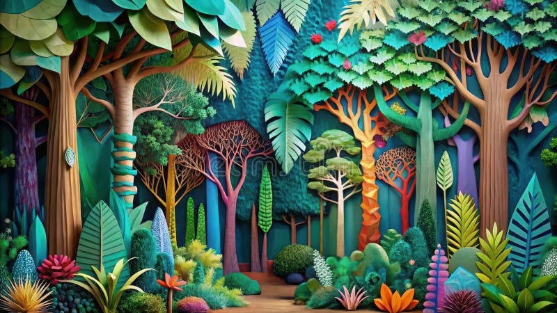 A Vibrant, Imaginative Papercraft Forest Scene Featuring a Diverse Array of Stylized Trees and ...