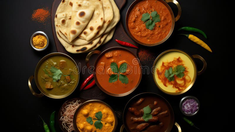 Vibrant Indian Curries and Naan Arranged on a Black Background ...