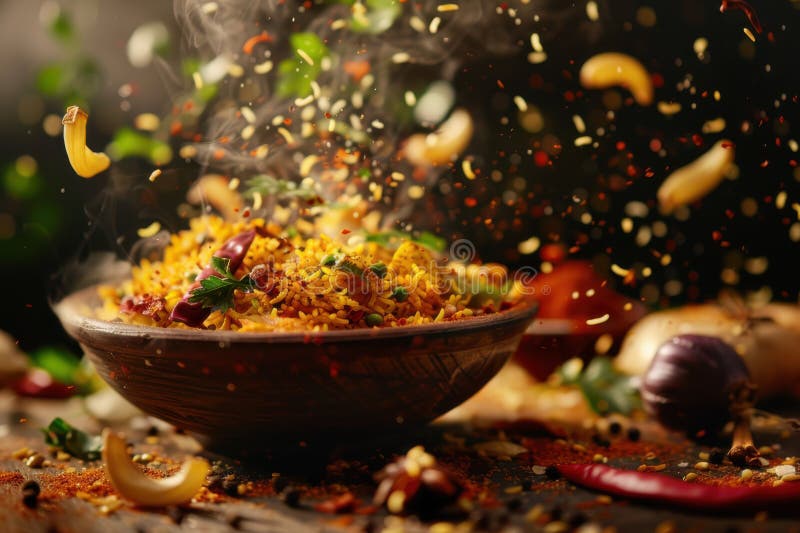Vibrant Indian Rice Dish with Flying Spices and Ingredients, Creating a ...