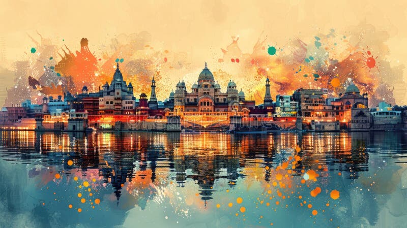 Vibrant Indian Waterfront Skyline with Splashes of Color in Artistic ...