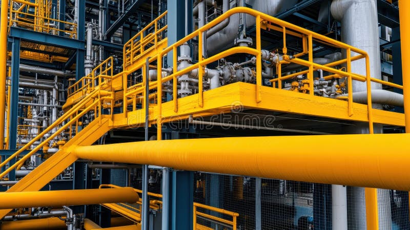 Vibrant Industrial Complex: a Network of Yellow and Silver Pipes ...