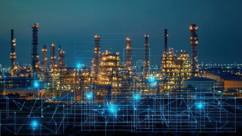 Vibrant Industrial Complex at Night with Illuminated Structures and ...