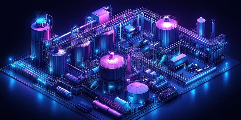 High-tech Industrial Facility with Illuminated Machinery and Tanks ...