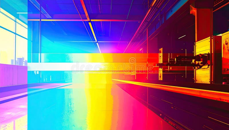 Vibrant Industrial Interior with Rainbow Light Spectrum and Geometric ...