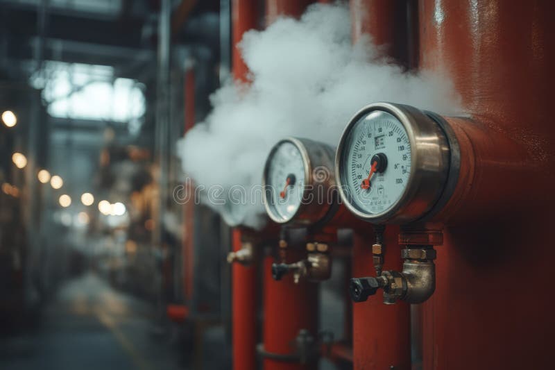 Steam Rises from Gauges in a Bustling Industrial Facility Showcasing ...