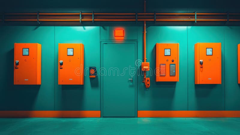 A Vibrant Industrial Wall Featuring Orange Utility Boxes Against a Teal ...