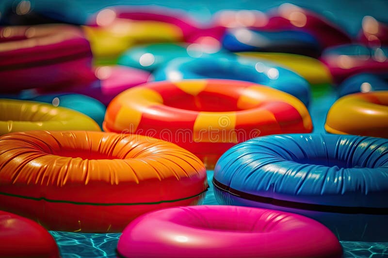 Vibrant Inflatable Pool Floats for Fun Swimming Pool Parties. Stock ...
