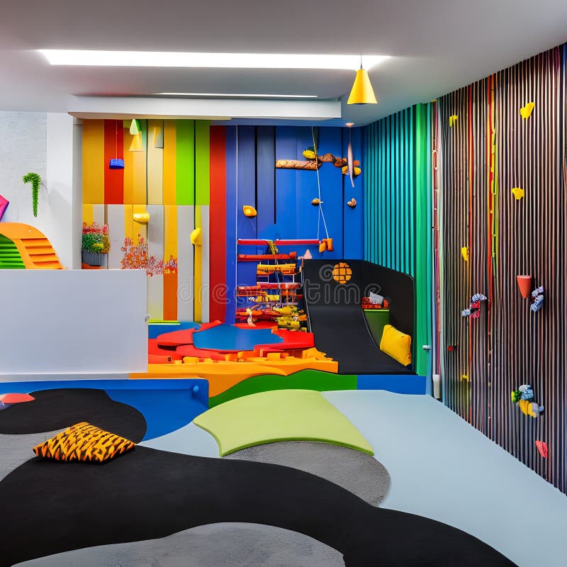 A Vibrant and Interactive Playroom with a Climbing Wall, a Slide, and a ...