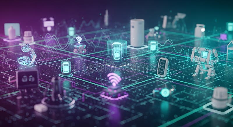 Futuristic Technology Network with Glowing Icons and Connected Devices ...