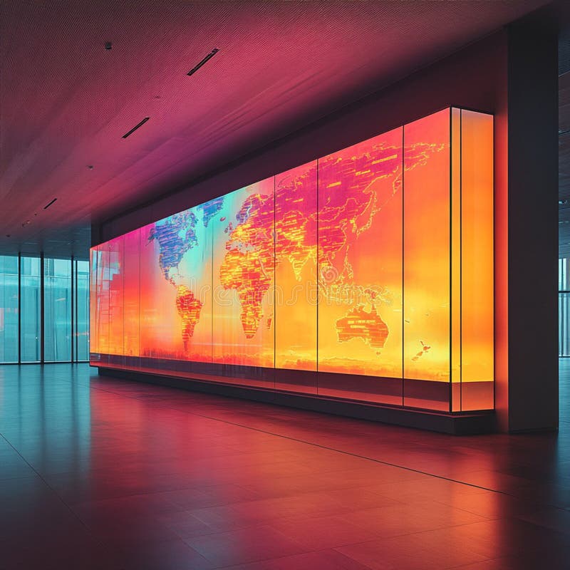 Vibrant Interior of Modern Office Space Featuring Large Digital World ...
