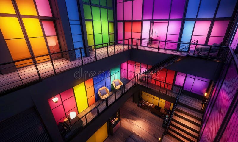 Vibrant Interior with Rainbow-colored Windows and a Modern Design ...
