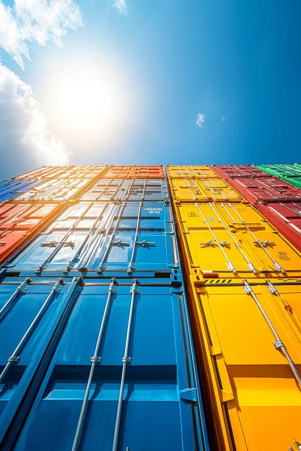 Vibrant Intermodal Shipping Containers Stacked High Under a Sunny Sky ...