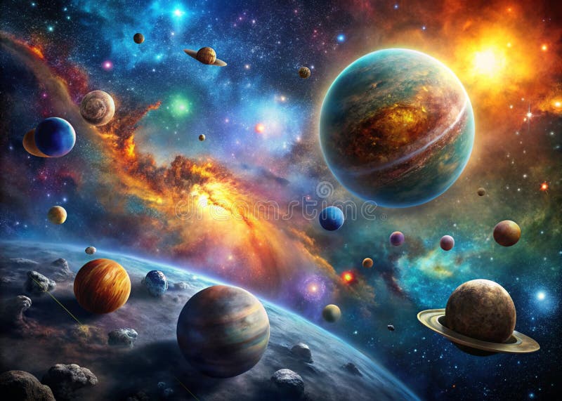 Vibrant Interstellar Scene Featuring Planets, Glowing Nebulae, and ...