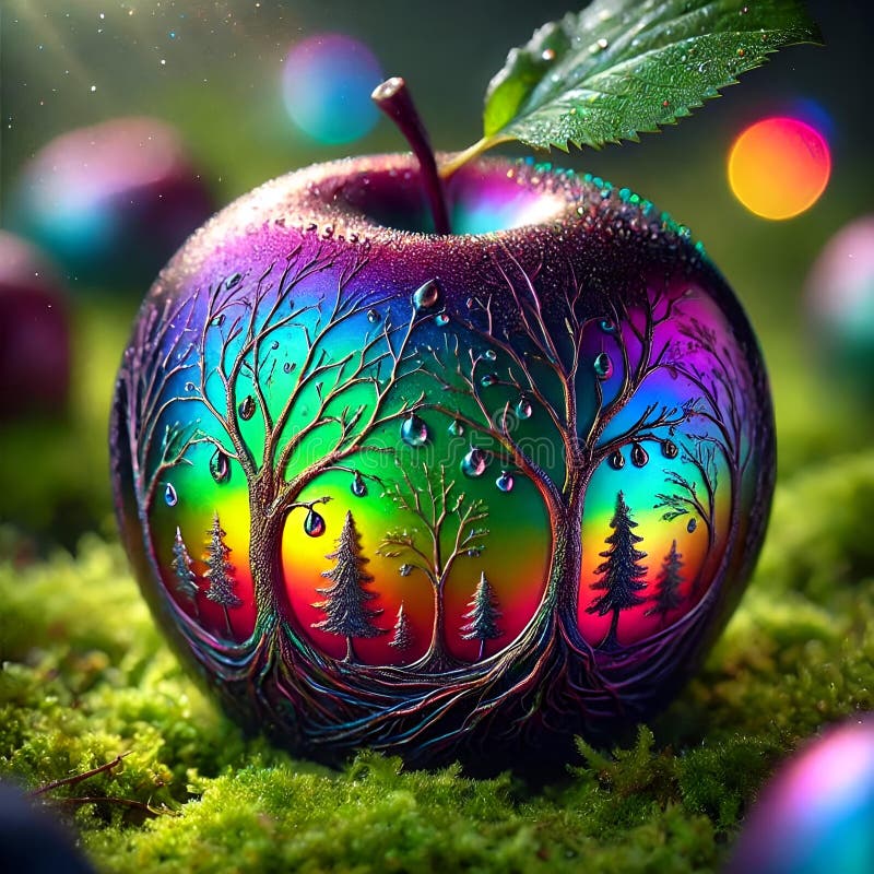 Rainbow Apple Tree of Life with Dewdrops with a Blurred Background of ...