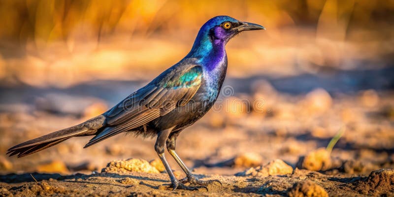 Vibrant Iridescent Bird Standing on the Ground at Sunset. Generative AI ...