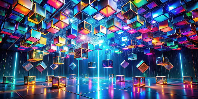 Vibrant Iridescent Cubes Suspended in a Futuristic Environment with ...